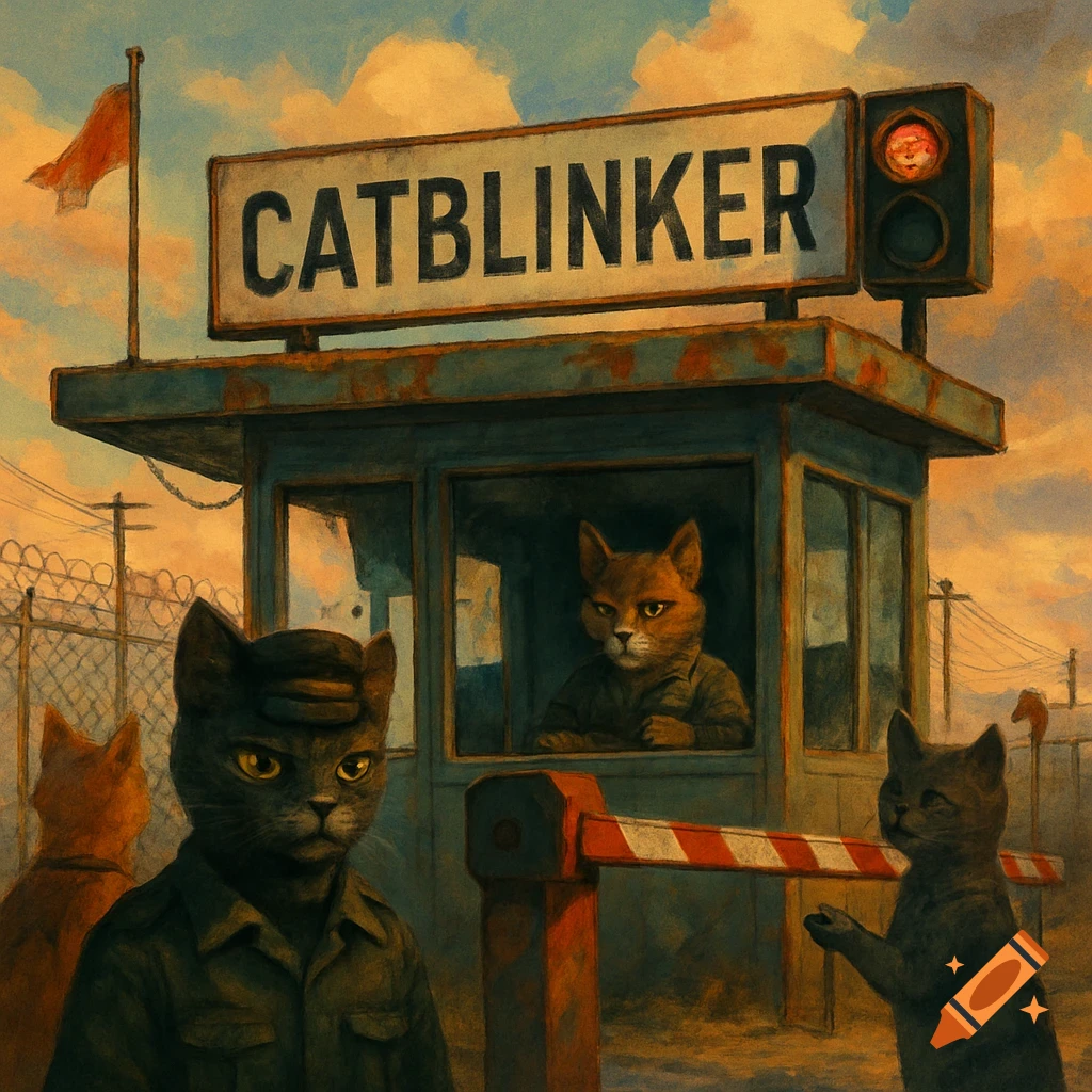 Cats in uniforms at a checkpoint booth with a sign, painterly style. on ...