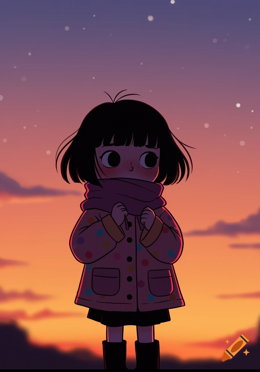 Cartoon of a cute little girl in a raincoat and scarf standing at ...