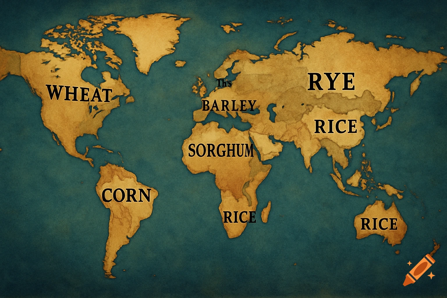 A vintage-style world map showing the distribution of crops like Wheat ...