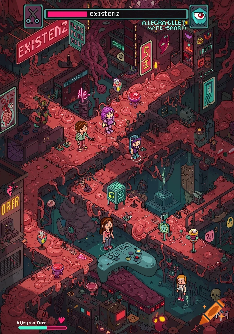 Isometric pixel art view of a bio-punk world with characters navigating ...