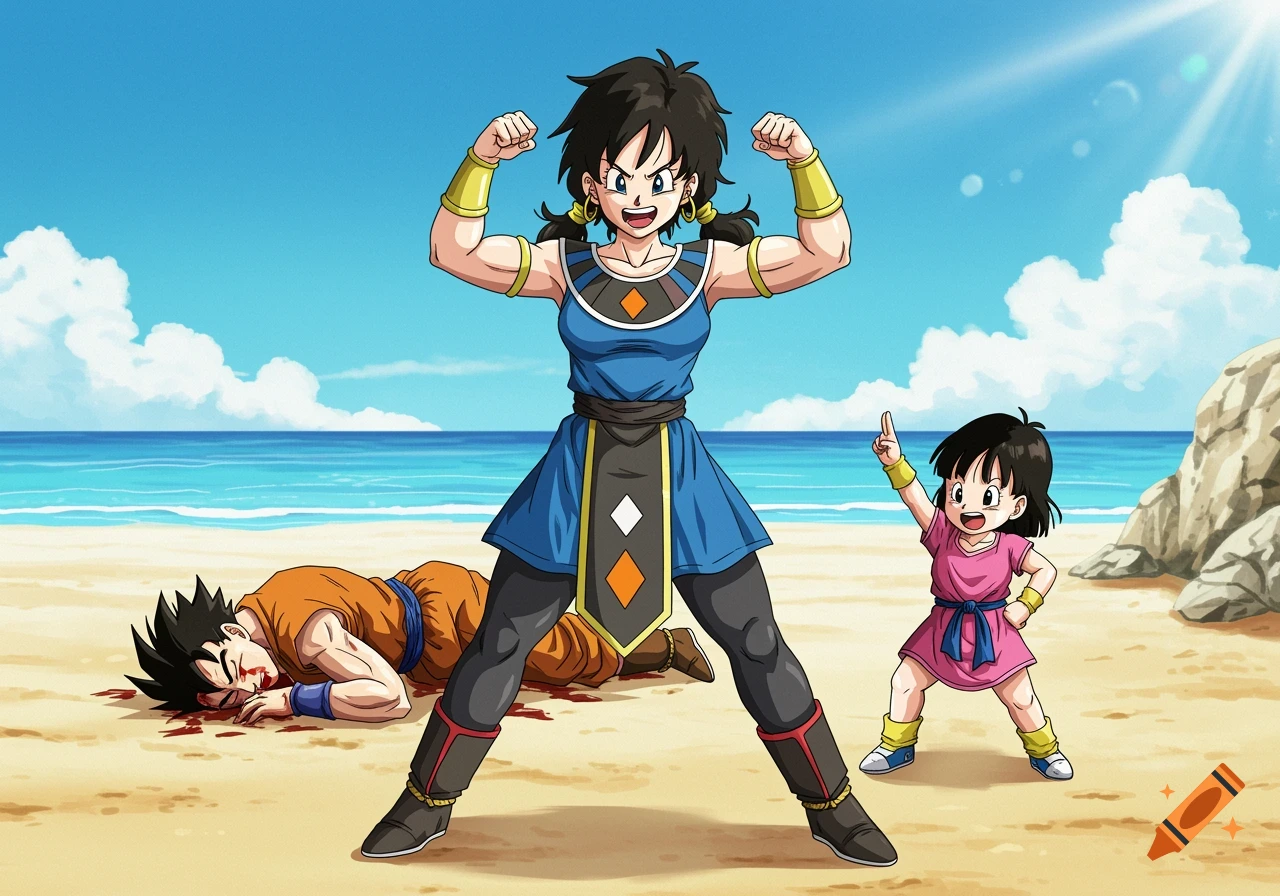 A muscular Videl flexes on a beach next to a defeated Gohan, with Pan ...