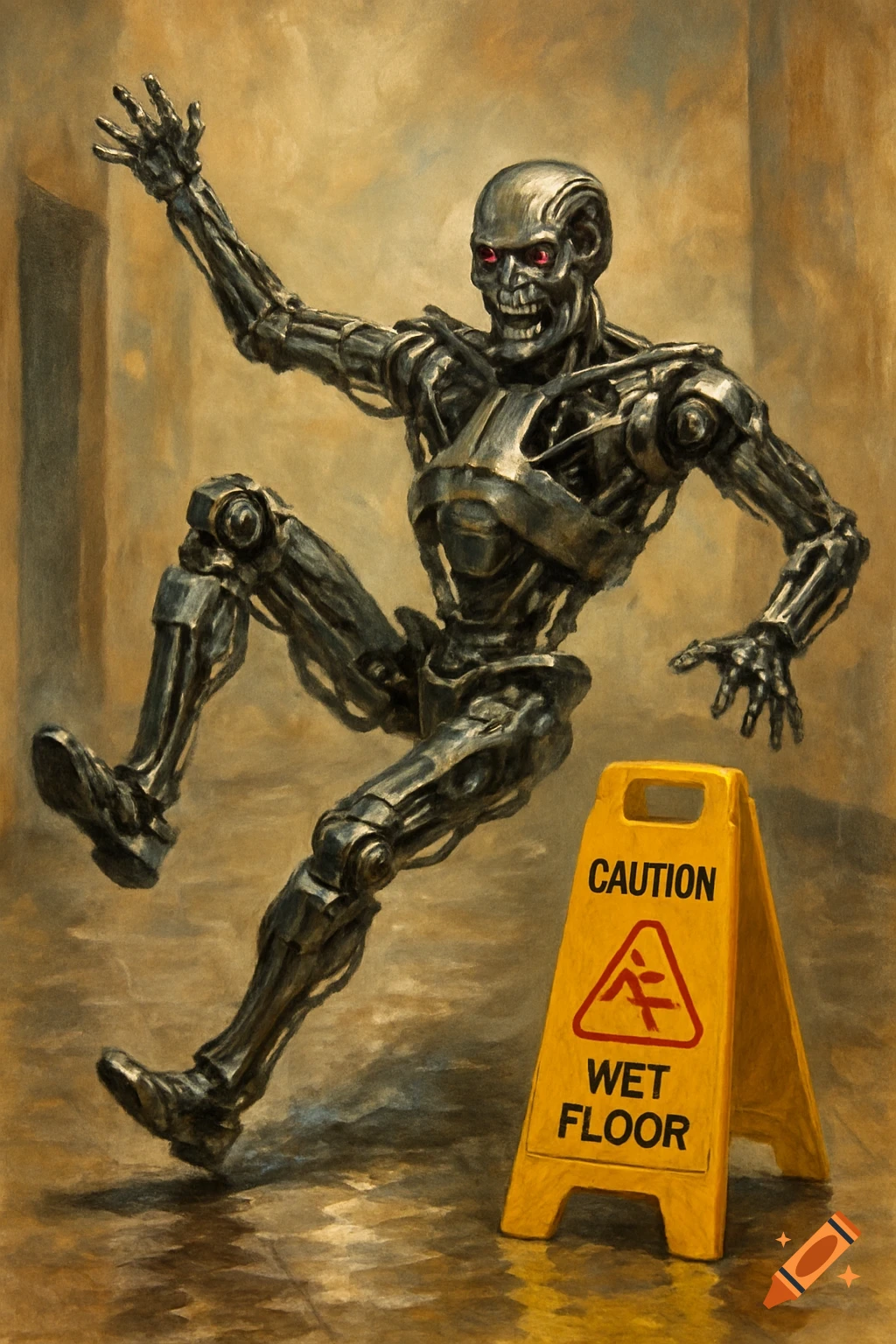 A robot figure resembling a Terminator is slipping next to a wet floor ...