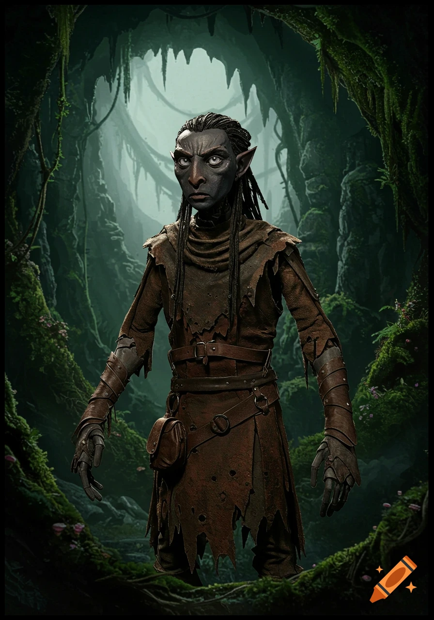 Fantasy creature resembling a Dunmer or elf stands in a jungle cave ...