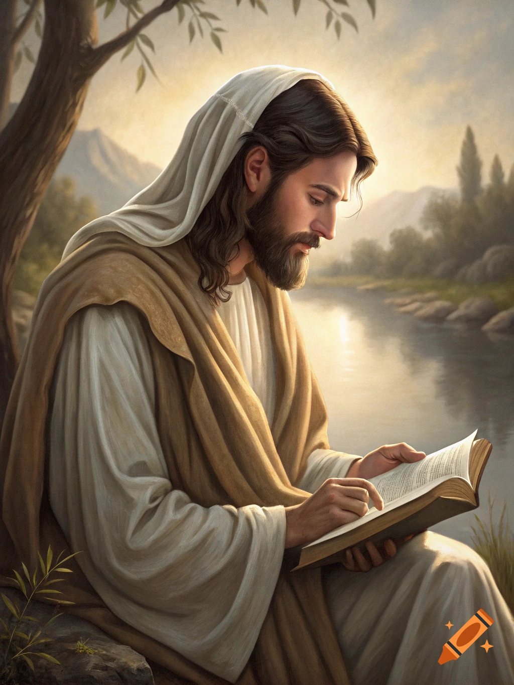 Jesus Christ sits by a river, reading a book in a realistic style. on ...