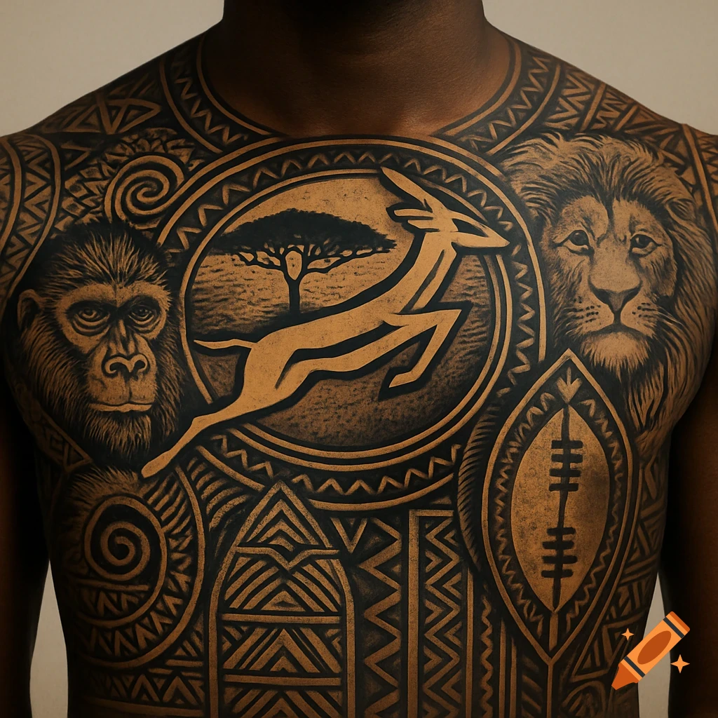 A detailed tattoo featuring a springbok, lion, gorilla, and African ...