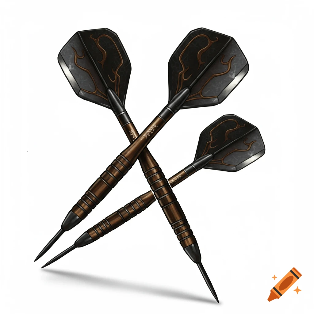 Three darts with dark flights and textured metal barrels crossed on a ...