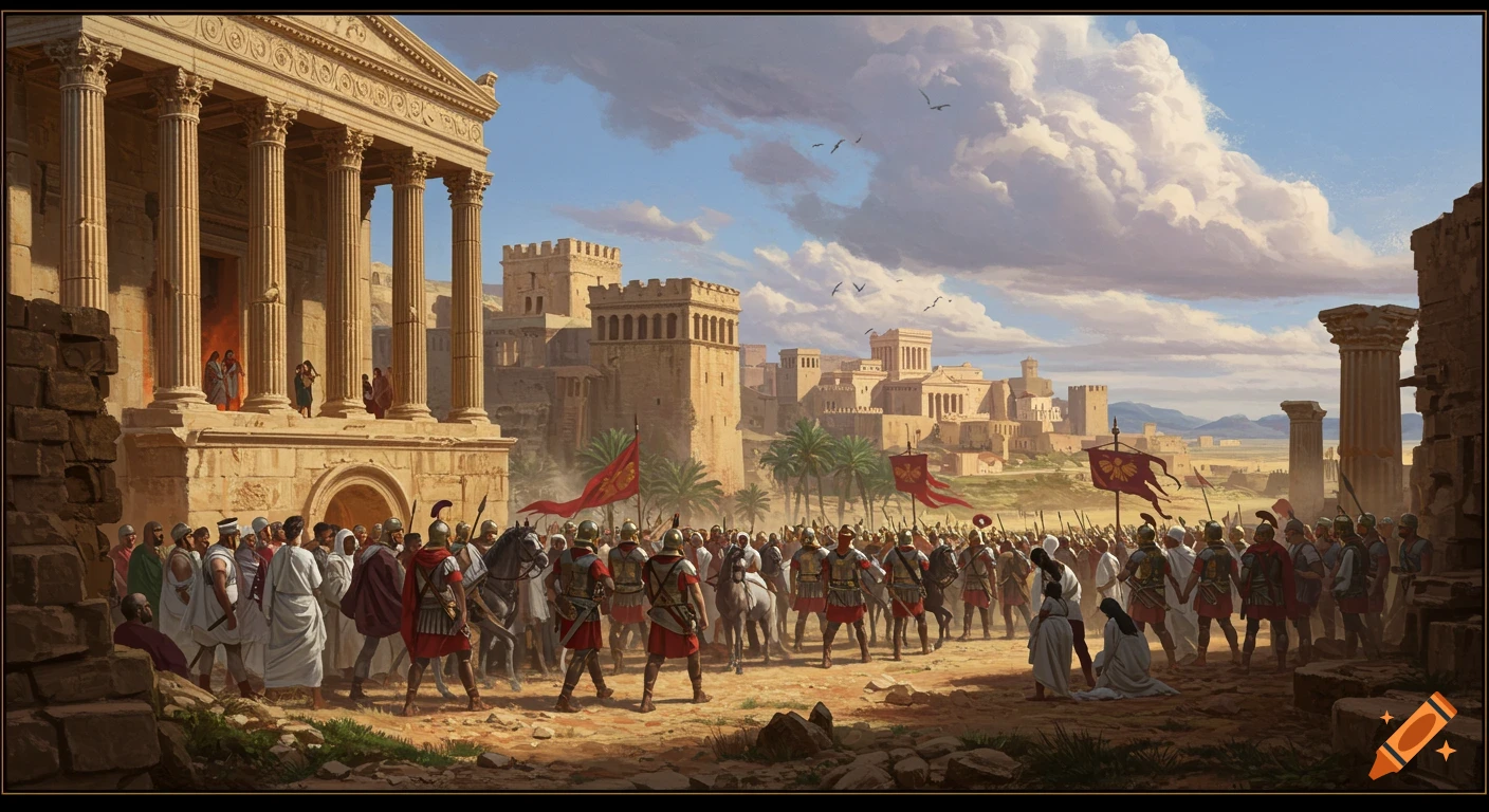 Roman army marches from a destroyed ancient city leading civilians. on ...