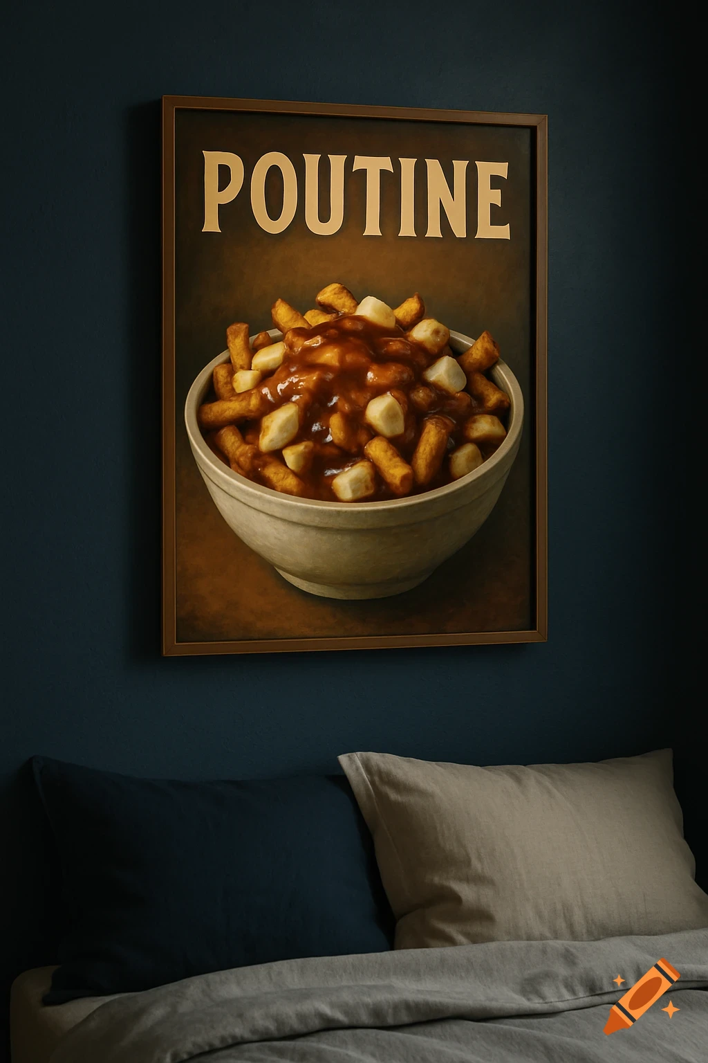 Realistic poster of poutine on a dark blue wall above a bed. on Craiyon