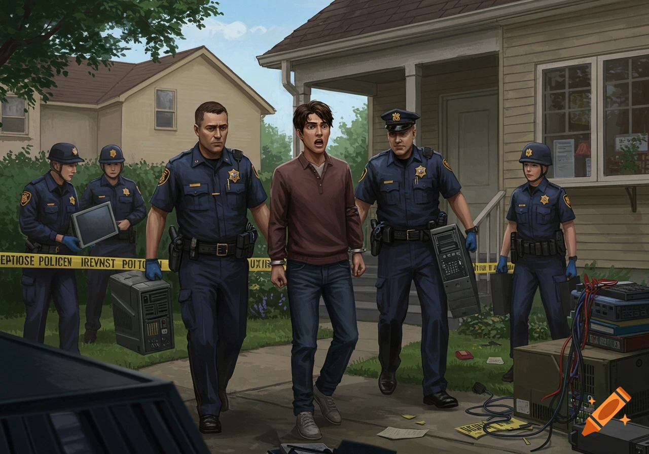 Police arrest a young man outside a house while removing computers ...