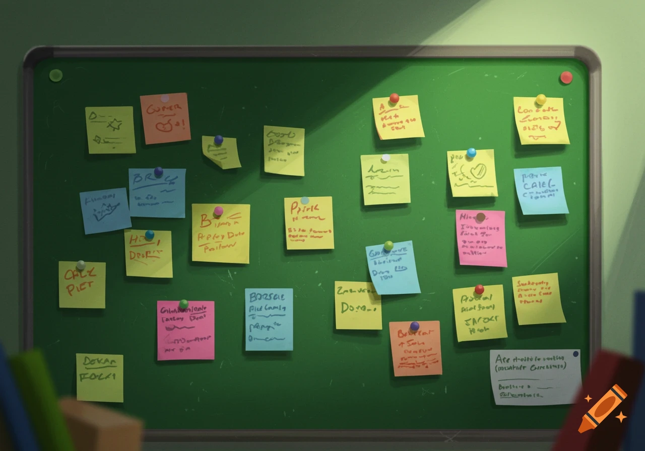 Illustrated green bulletin board covered in colorful sticky notes ...