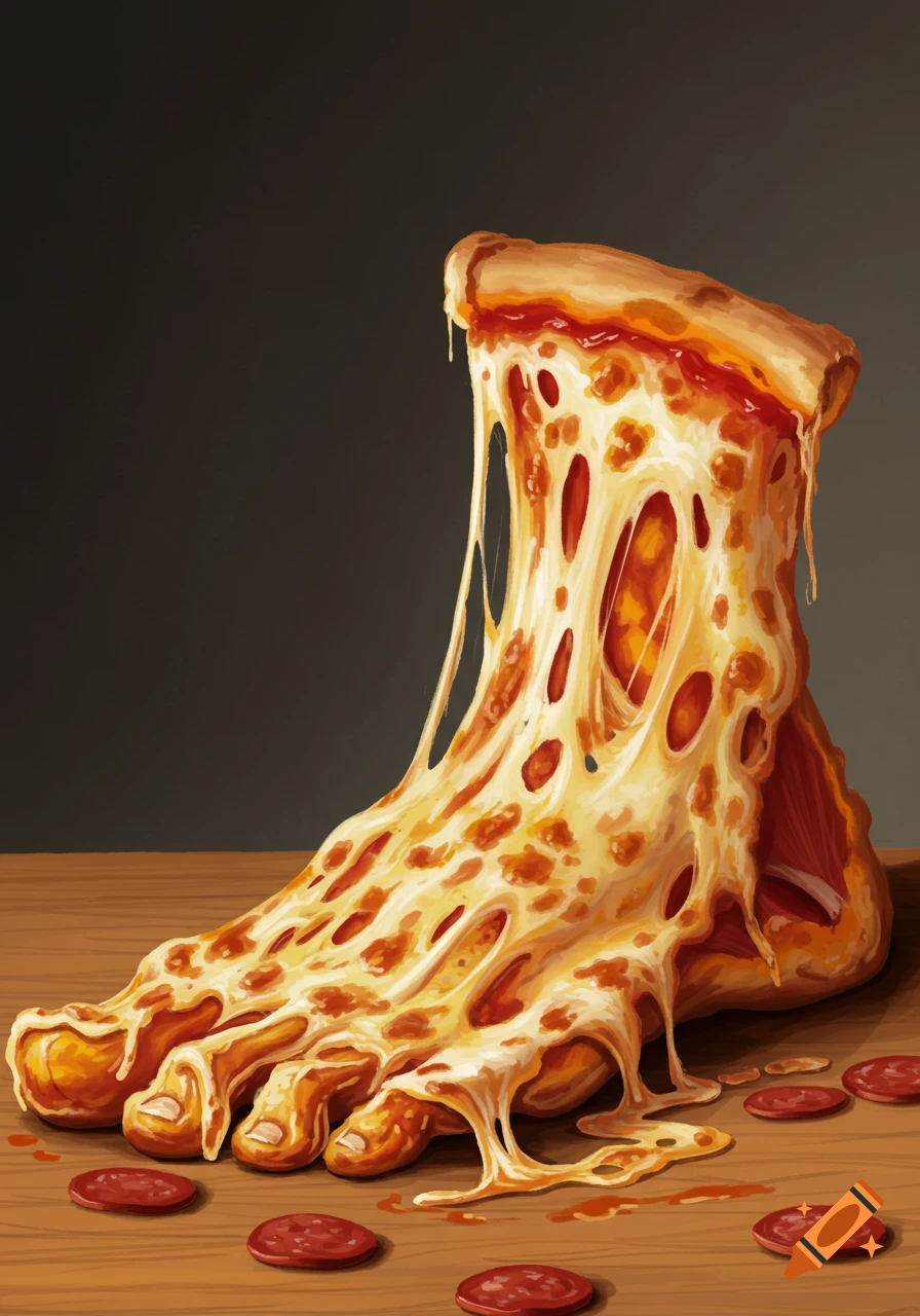 Surreal illustration of a foot made of dripping pizza cheese and ...