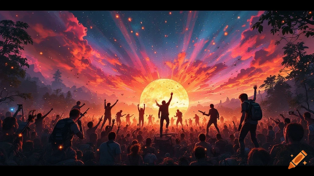 Large crowd cheering under an epic sky with a giant sun and glowing ...