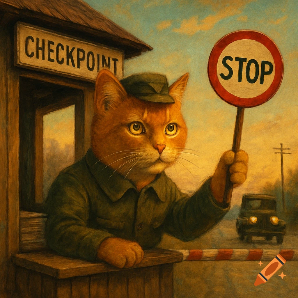 An anthropomorphic cat in a military uniform holds a stop sign at a ...