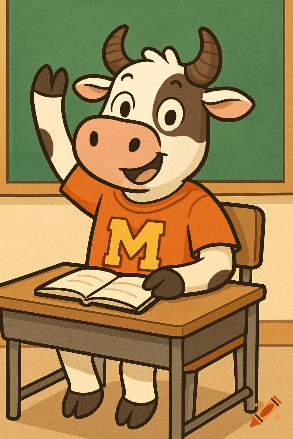 A cartoon cow sits at a school desk, raising a hand. It wears an orange ...