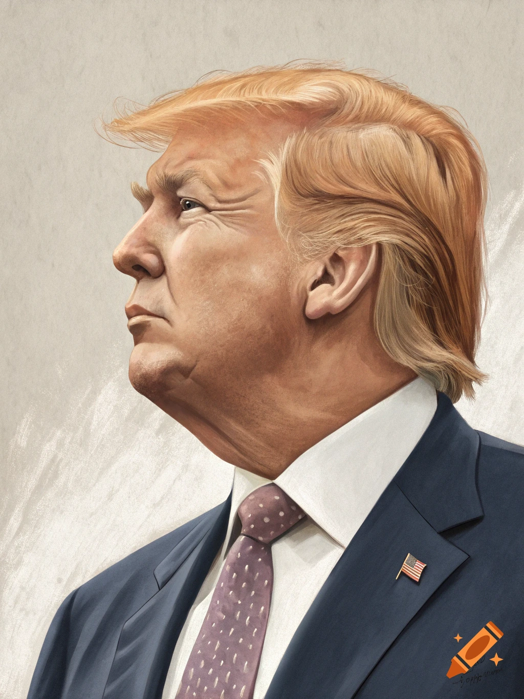 Painterly portrait of Donald Trump in profile wearing a suit and tie ...