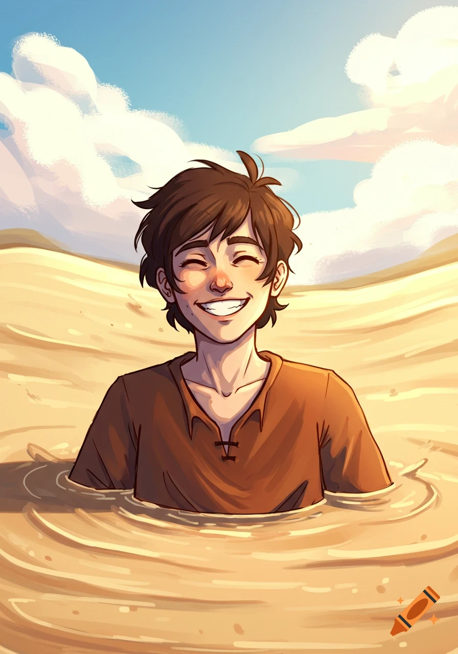 Illustration of a smiling person submerged in quicksand under a cloudy ...