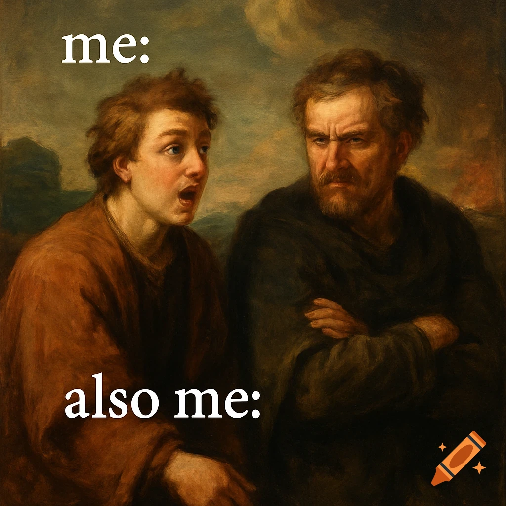Meme text 'me:' and 'also me:' over a classical painting of two men ...