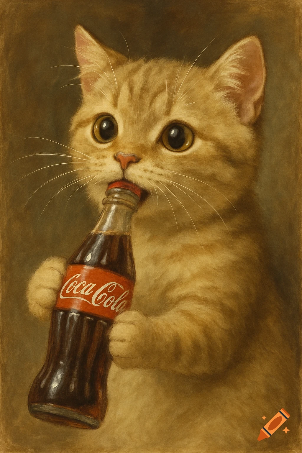 A cute painterly ginger cat drinks from a Coca-Cola bottle. on Craiyon