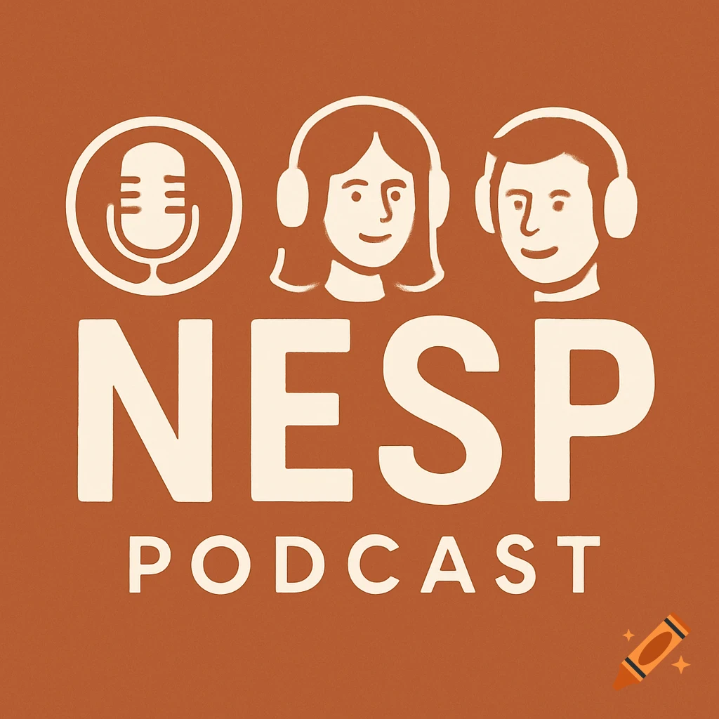 Podcast logo with microphone icon, two stylized heads with headphones ...