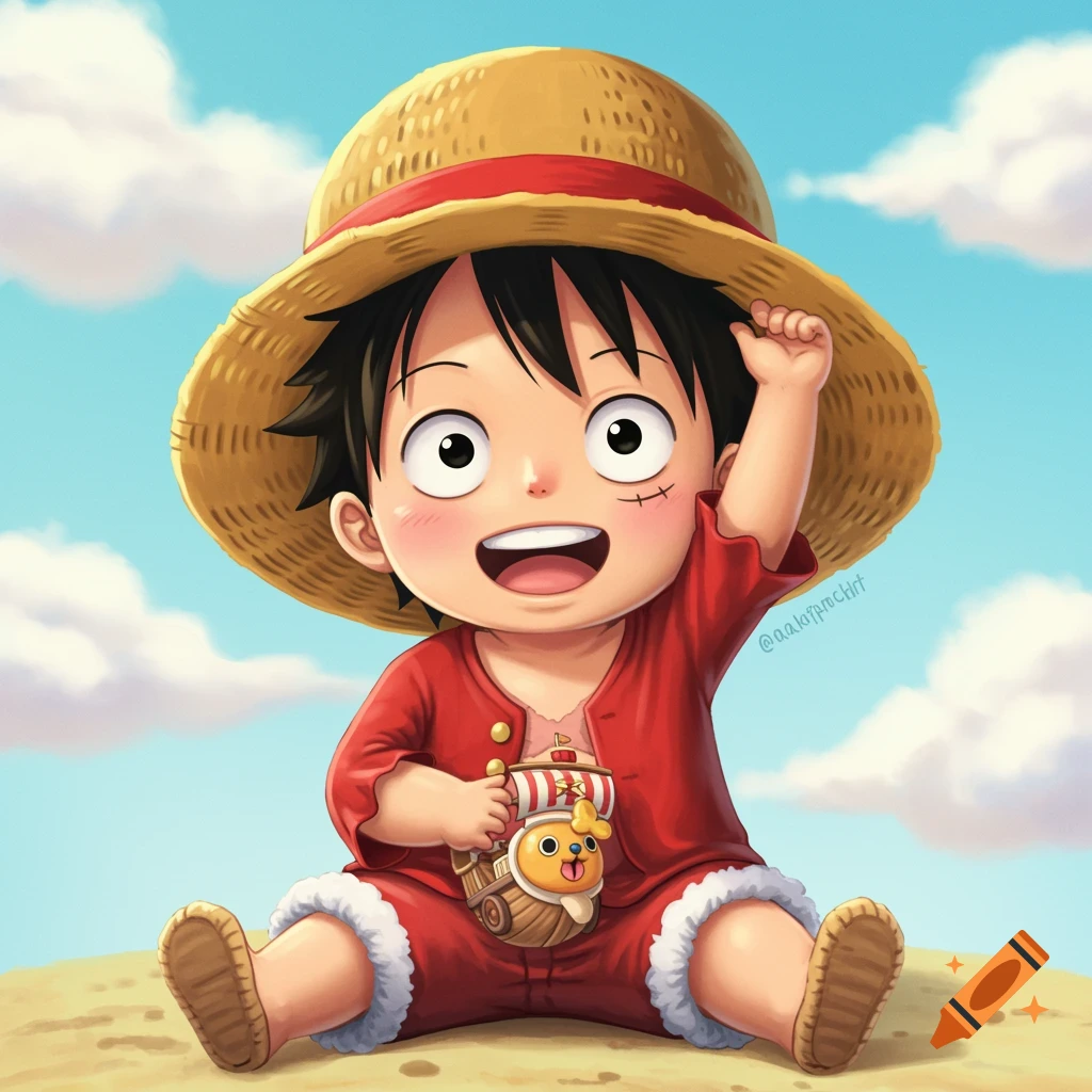 Cartoon illustration of baby Luffy from One Piece wearing a straw hat ...