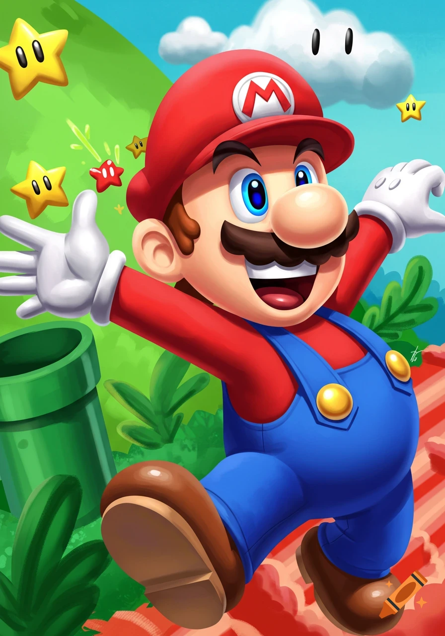 Cartoon illustration of Mario jumping in a bright landscape with stars ...