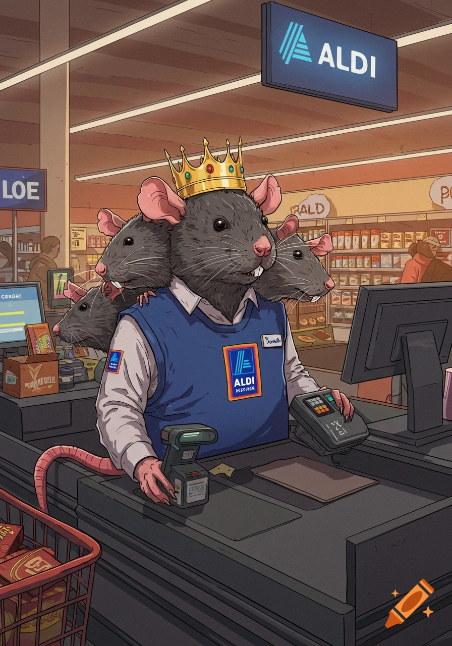 A multi-headed rat king wearing an Aldi vest and crown works as a store ...