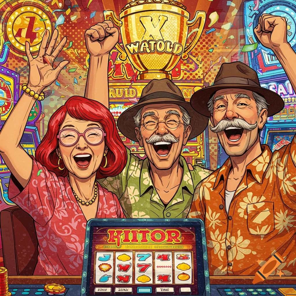 Illustration of three seniors celebrating winning a slot machine ...