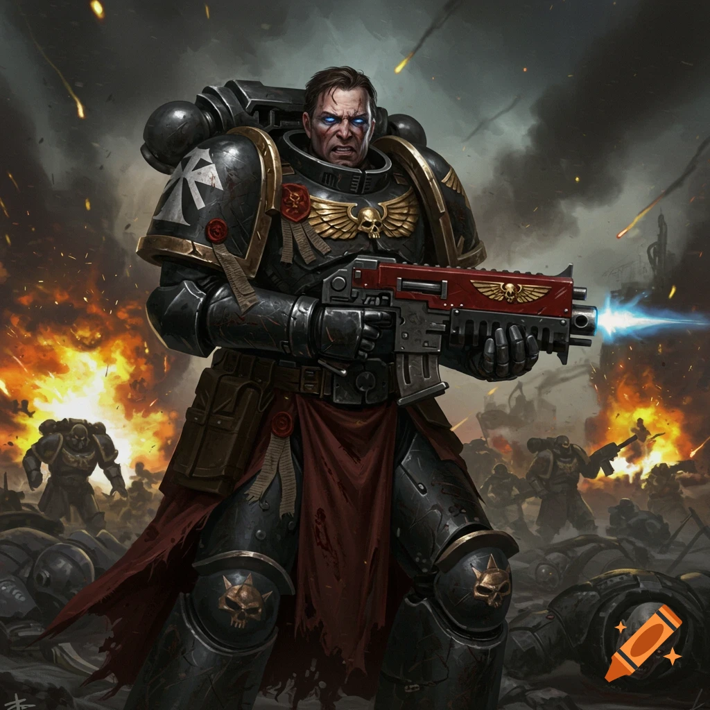 Warhammer 40k soldier in black power armor firing a bolter rifle during ...