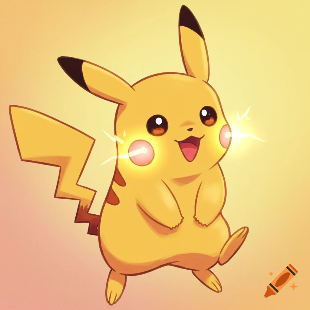 A cute cartoon Pikachu character is running happily with glowing red ...