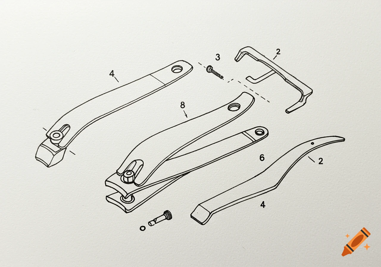Disassembled nail clipper line drawing with parts labeled. on Craiyon