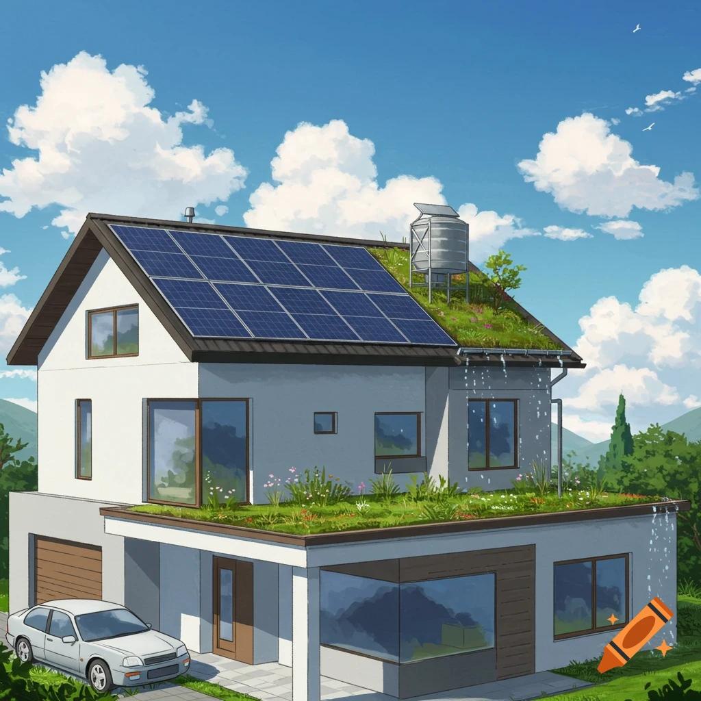 Anime illustration of a modern house with solar panels, a green roof ...