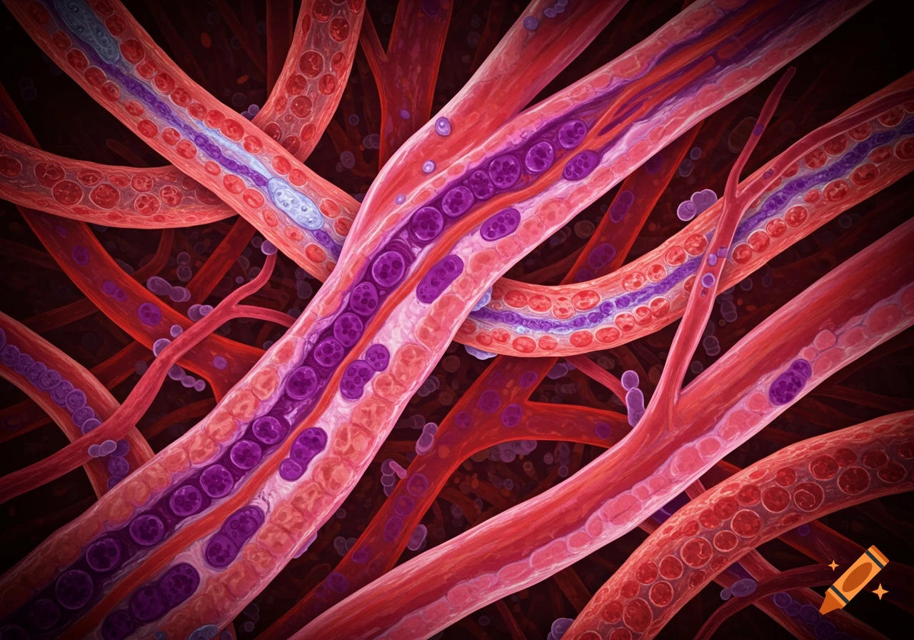 Microscopic view of blood vessels and blood cells. on Craiyon