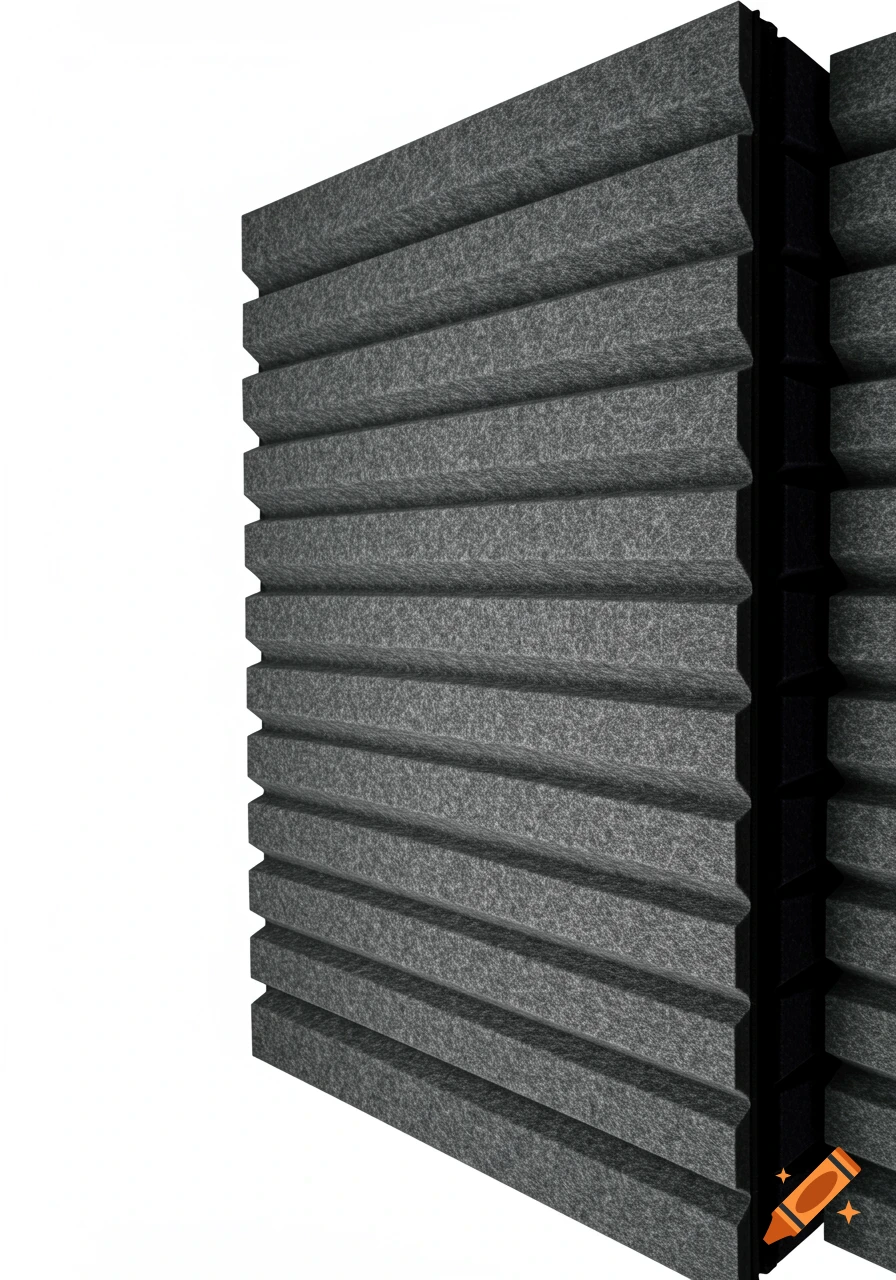 Stack of grey ribbed acoustic panels on white background on Craiyon