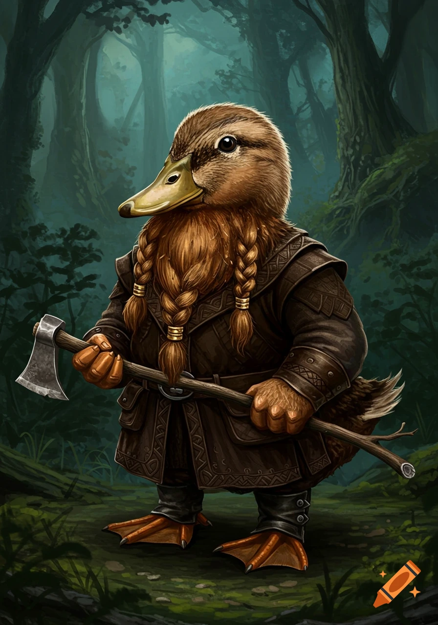 A mallard duck dressed as a fantasy dwarf, holding an axe in a forest ...