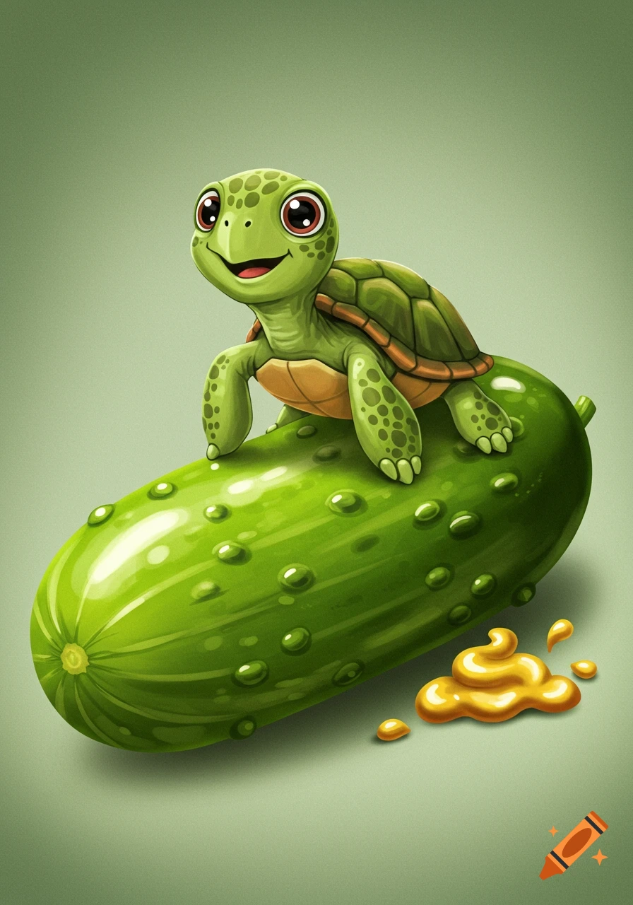 Cute cartoon turtle sitting on a large pickle with a blob of mustard ...