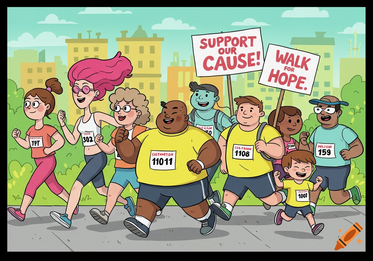 Diverse group of cartoon people running in a walkathon, some holding ...