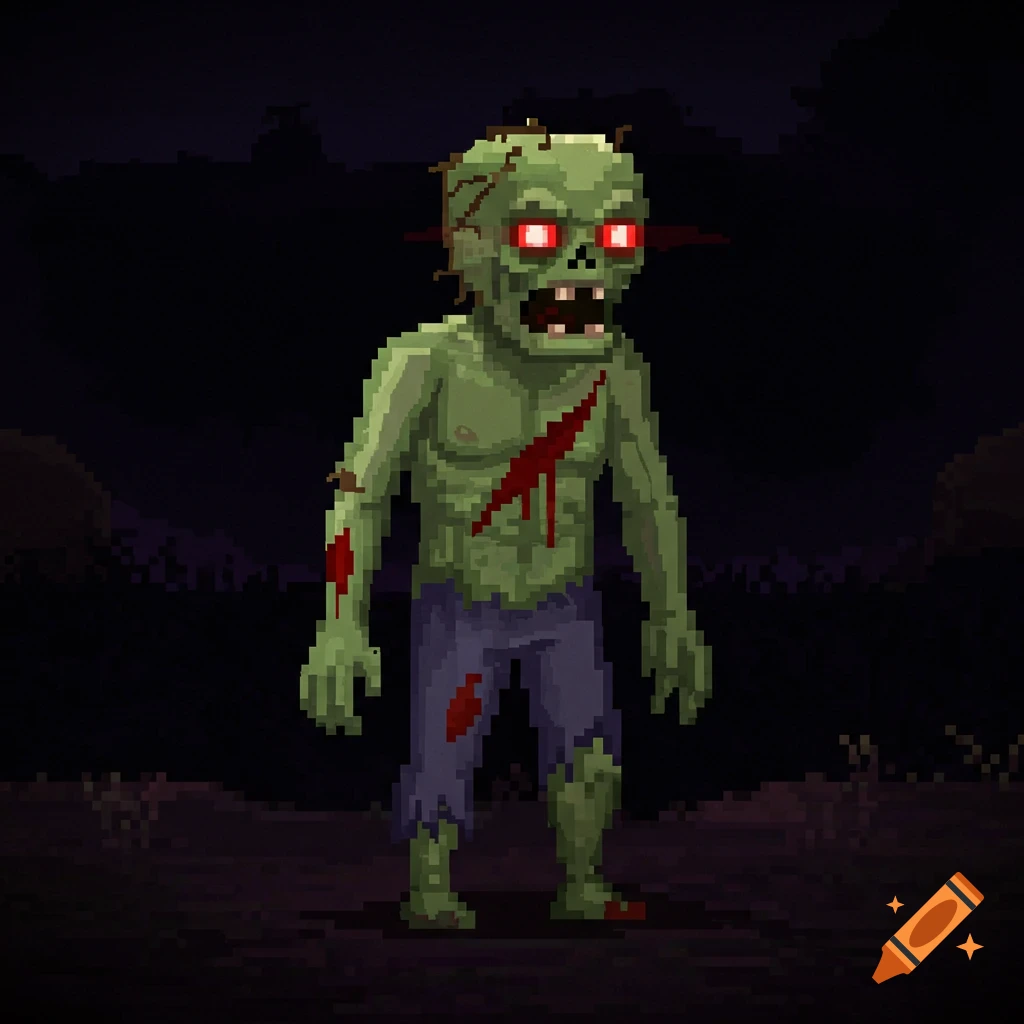 Pixel art zombie standing in darkness on Craiyon