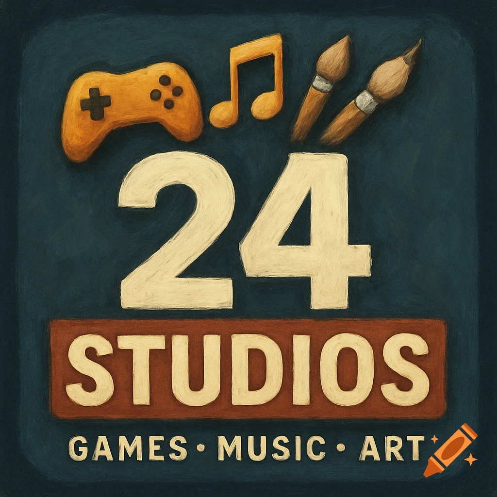 Logo for 24 Studios featuring a game controller, musical notes, paint ...