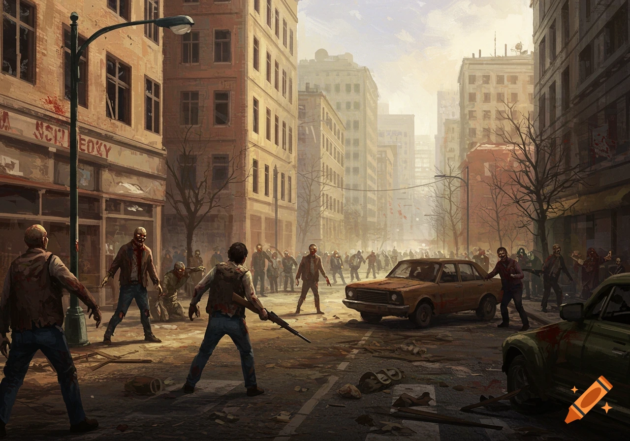 Survivors battle a horde of zombies on a ruined city street in a ...