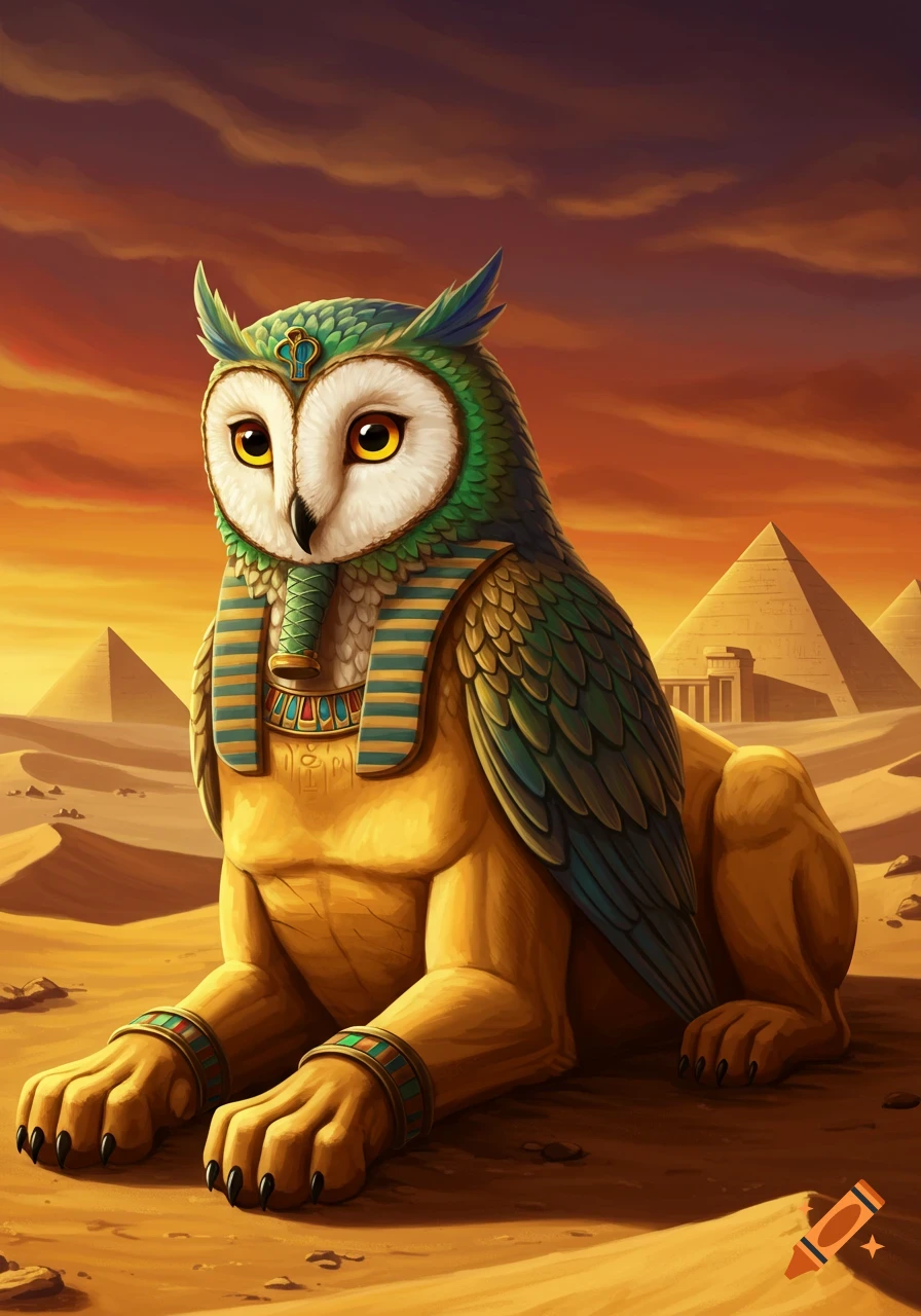An owl-headed sphinx sits in a desert landscape with pyramids at sunset ...