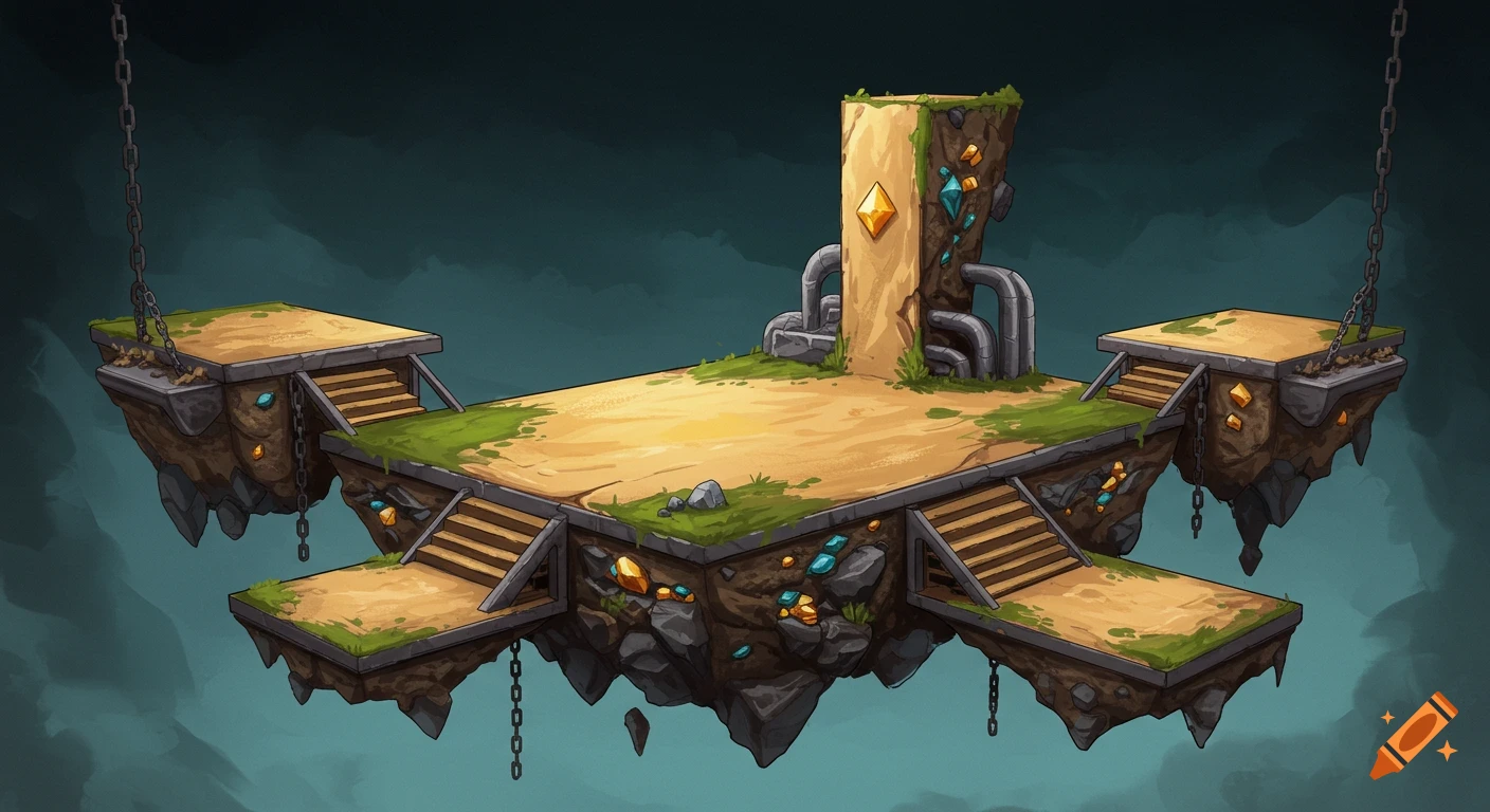 Floating fantasy stage with platforms, stairs, chains, earth, rock ...