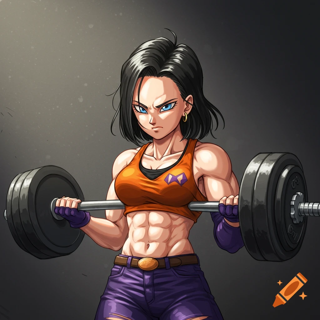 Muscular Android 18 from Dragon Ball lifts a heavy barbell in an anime ...