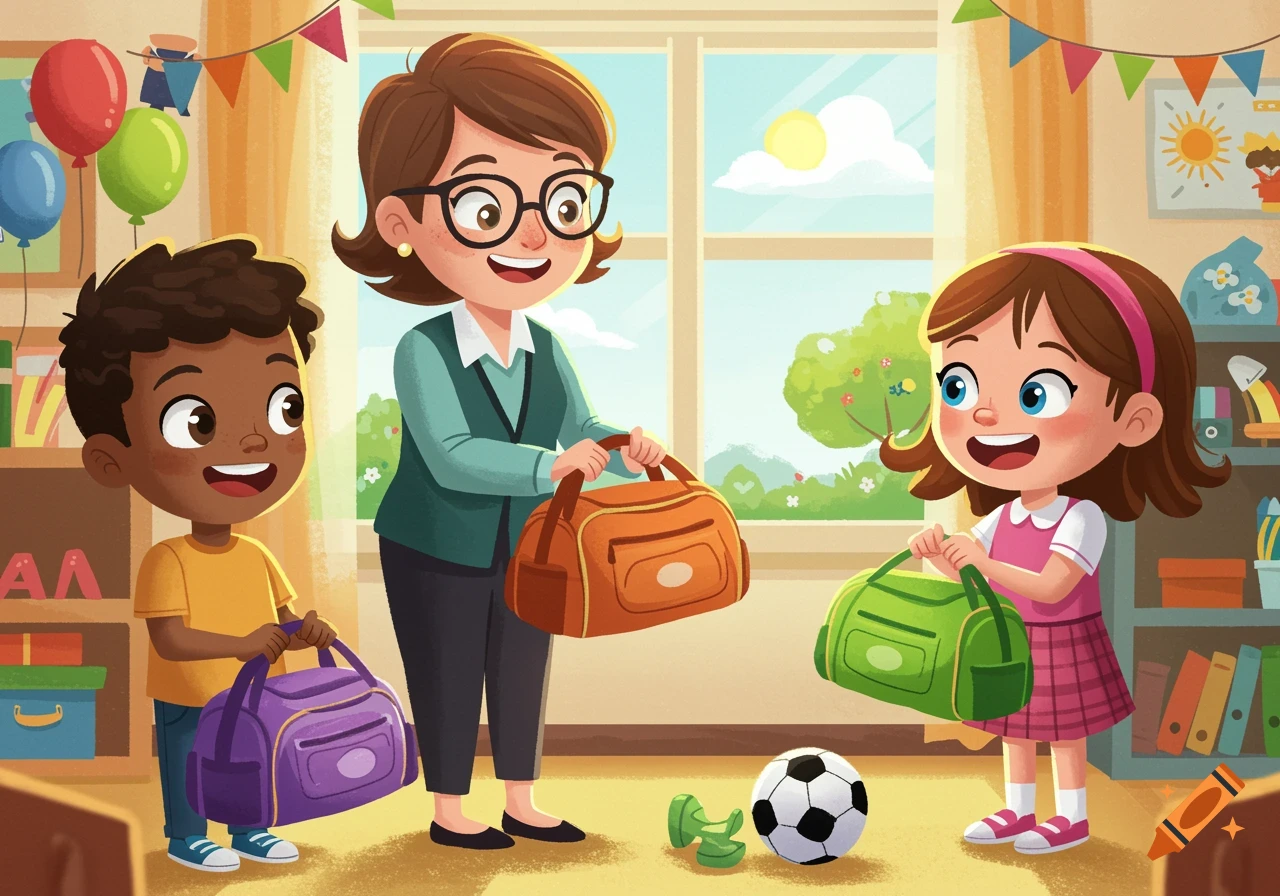 Cartoon illustration of a teacher giving sports bags to a boy and a girl in a colorful classroom ...