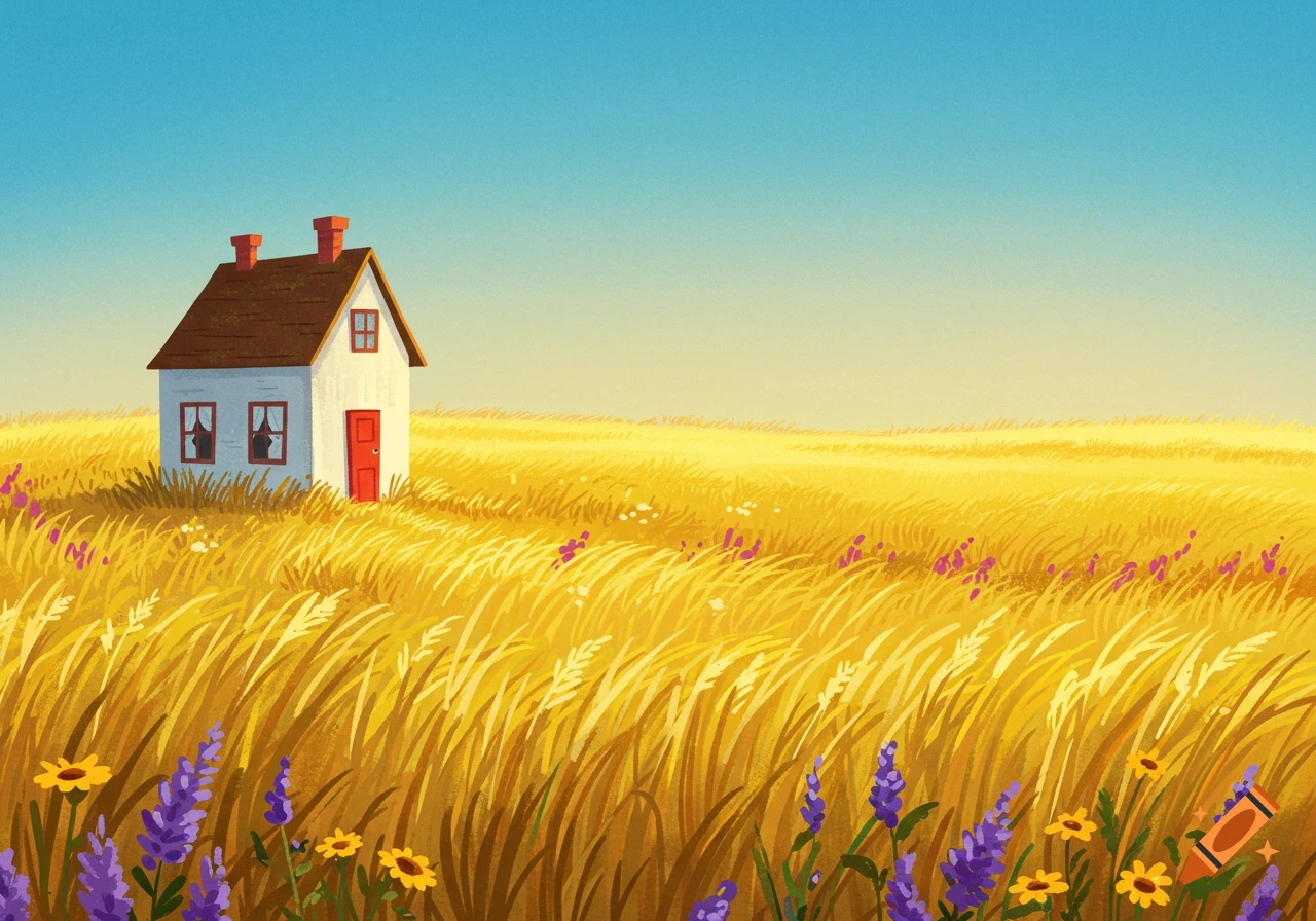 An illustration of a little house in a golden prairie field with ...
