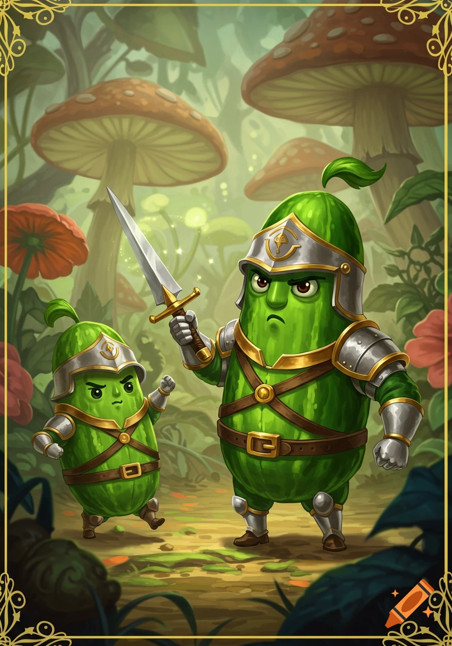 Two cartoon pickle soldiers in armor stand in a fantasy forest with ...