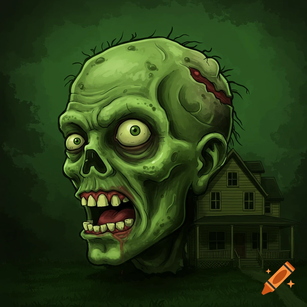 Cartoon illustration of a giant green zombie head floating above a ...
