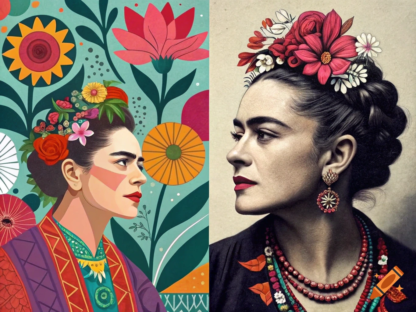 Split image of Frida Kahlo in two styles (stylized and realistic) with ...