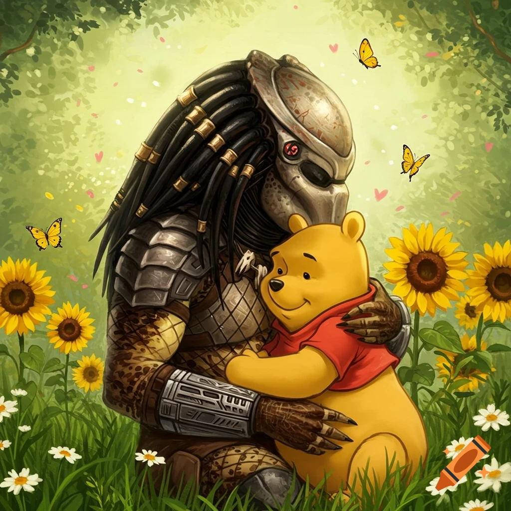 Predator hugging Winnie the Pooh in a sunny field with sunflowers and ...