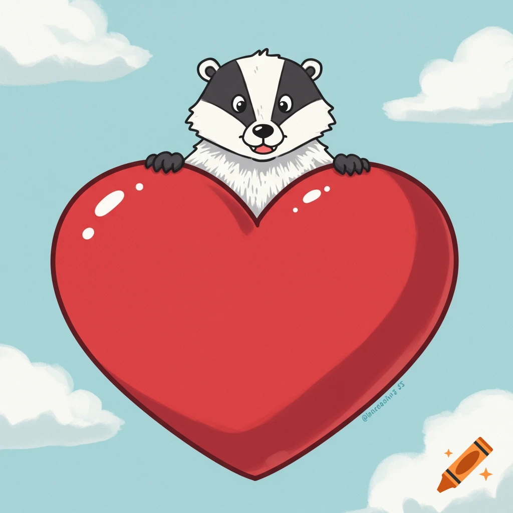 A cute cartoon badger holds a large red heart in the sky. on Craiyon