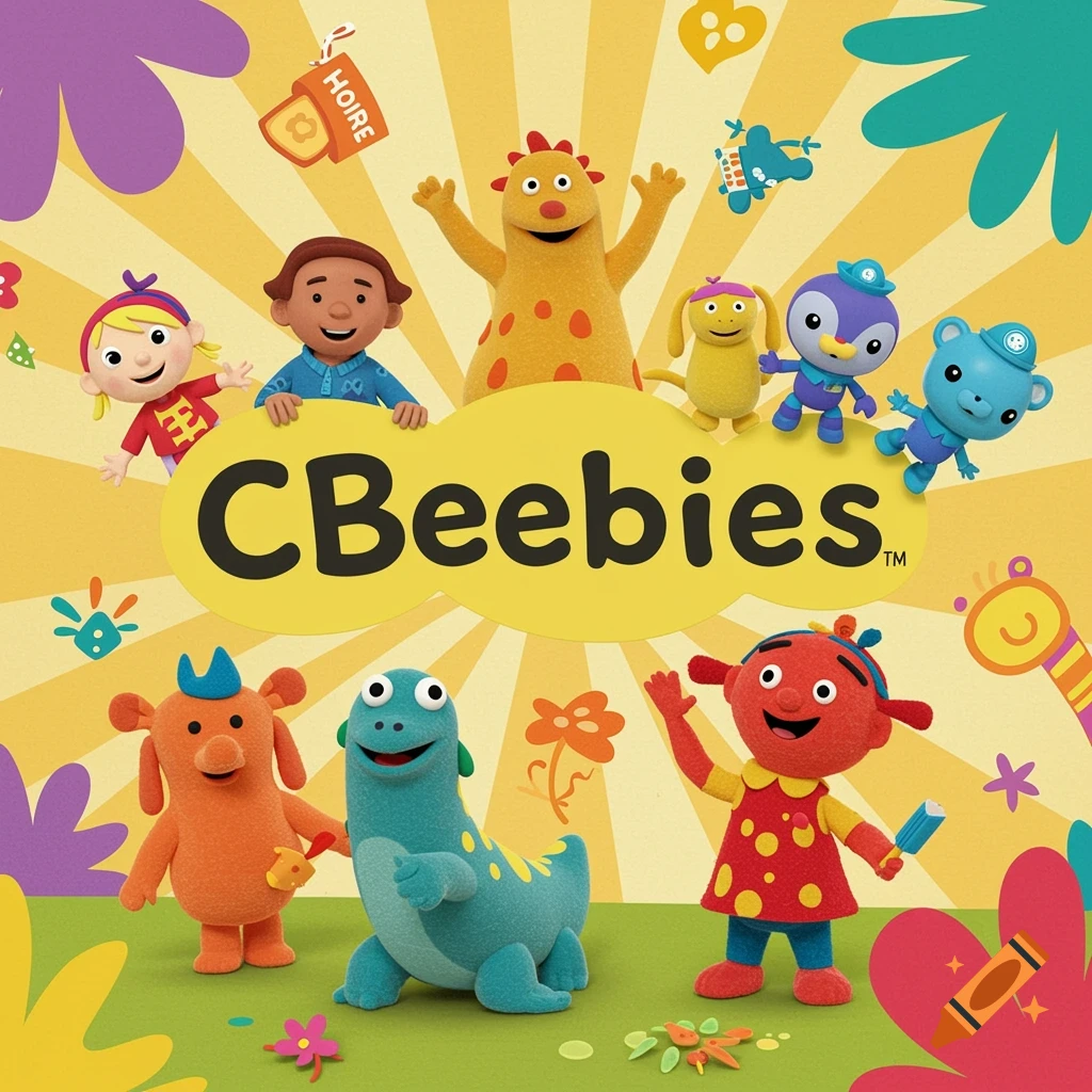 Group of cartoon and puppet characters with a human child and the ...